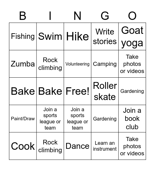 Creative Activities Bingo Card