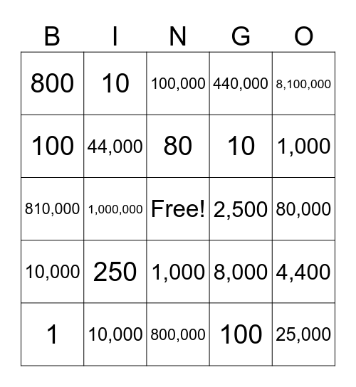 Base 10 Bingo Card