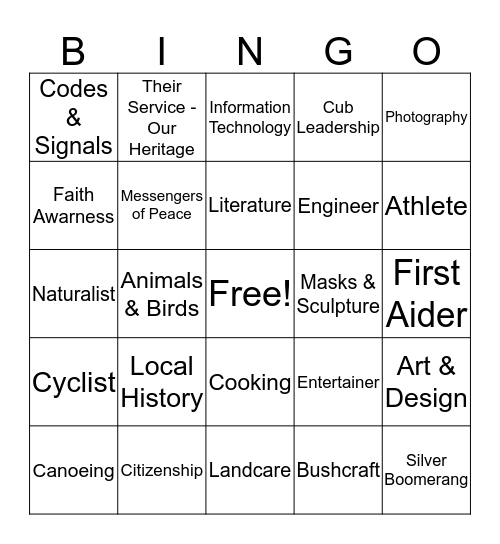 Cub Badges Bingo Card