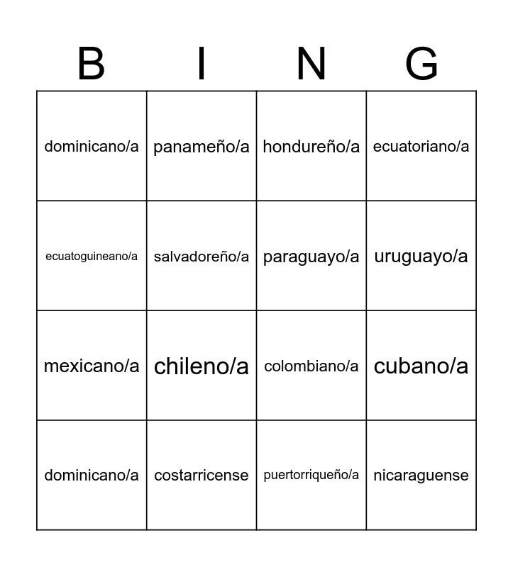 Nacionalidades Bingo Card