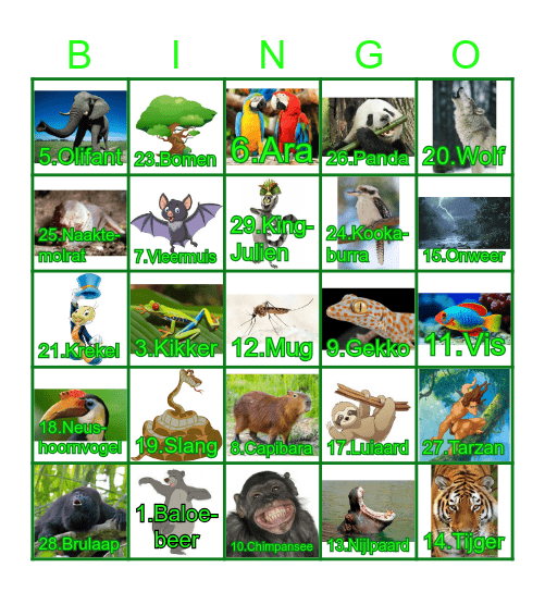 Jungle Bingo Card