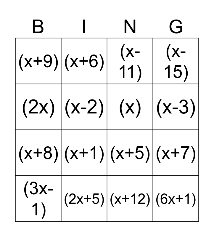 Factoring Bingo (GCF, Easy, Guess & Check, Group) Bingo Card