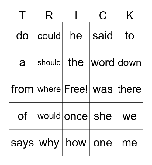 Tricky Words Unit 1 Bingo Card