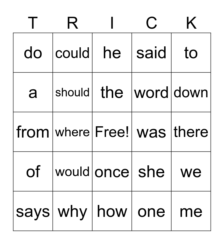 Tricky Words Unit 1 Bingo Card