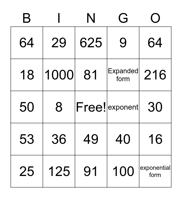 Mrs A Exponents 6th Grade Bingo Card