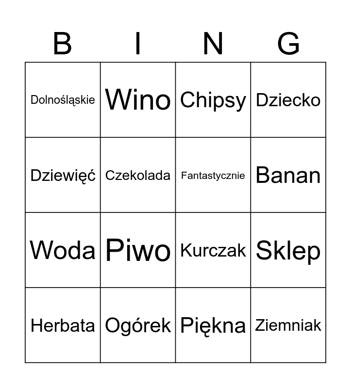 Polish Words Bingo Card