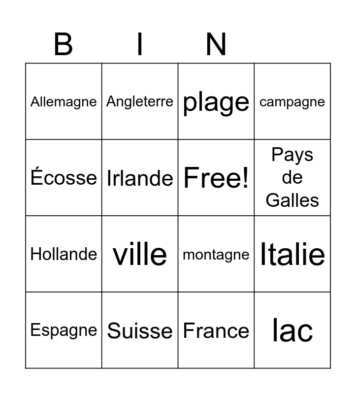 les vacances Bingo Card