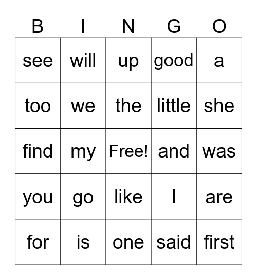 Sight Words Bingo Card