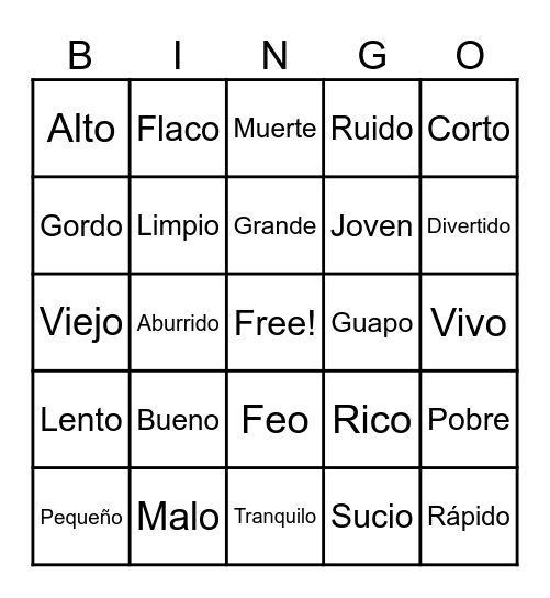 Spanish Adjectives Bingo Card