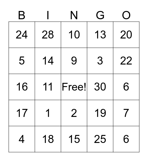 Numbers 1-30 Bingo Card