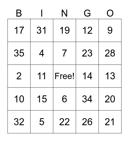 Number 1-40 Bingo Card