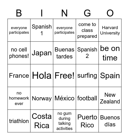 Back to school Español 2 Bingo Card