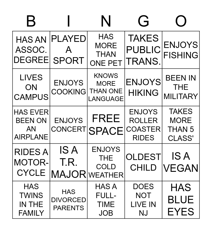 ACTIVITY PLAN ASSIGNMENT Bingo Card