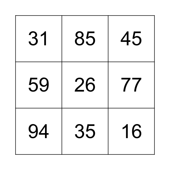 Numbers Bingo Card