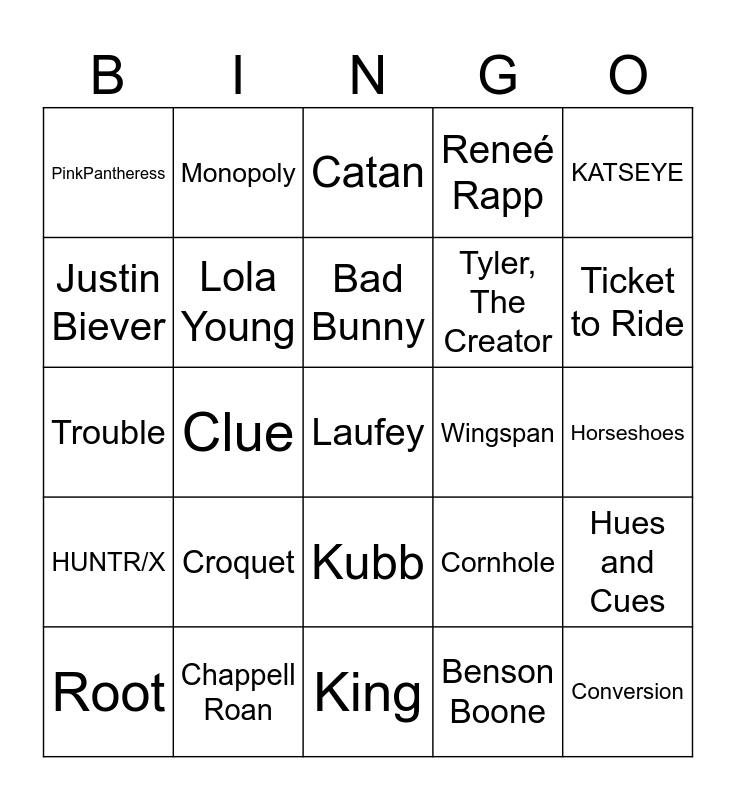 Top Hits, Side Sports, & Board Games Bingo Card