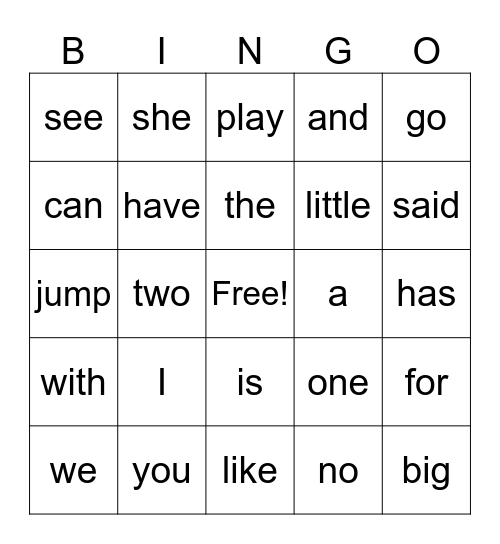 Sight Word Bingo Card