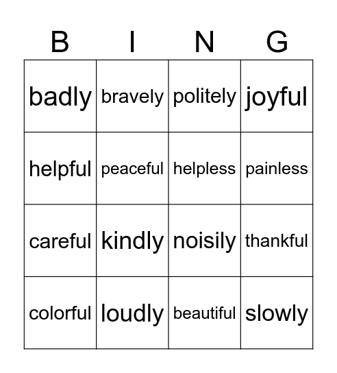 Suffixes - Ly, Less and Ful Bingo Card