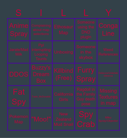 Lazy Purple's Silly Bingo Card