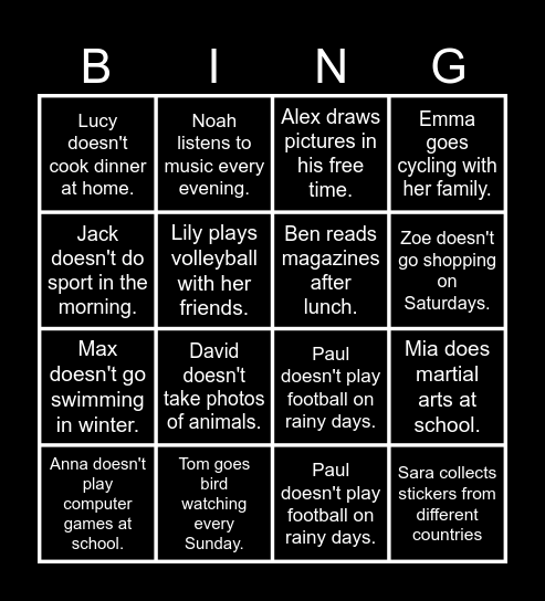 Simple Present positive and negativ sentences Bingo Card