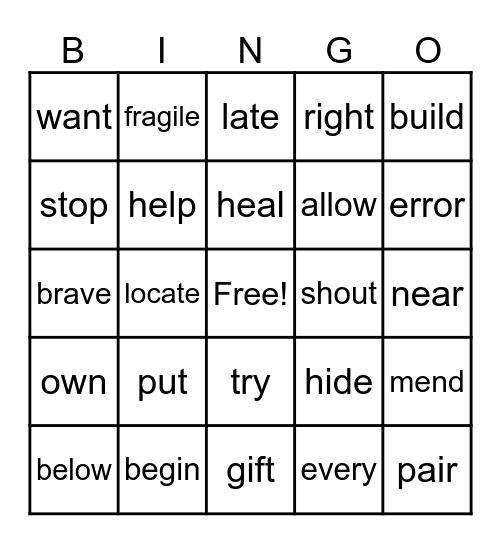 Synonym Bingo Card