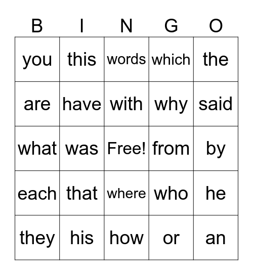Sight Words Bingo Card
