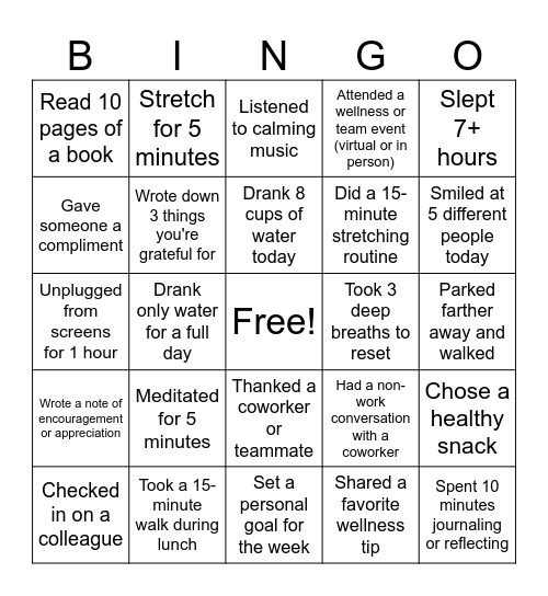 Douglas ESD Wise and Well Challenge Bingo Card