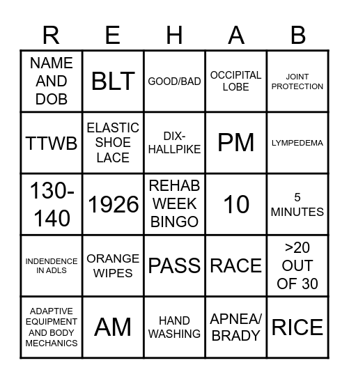 Rehab Week Bingo Card