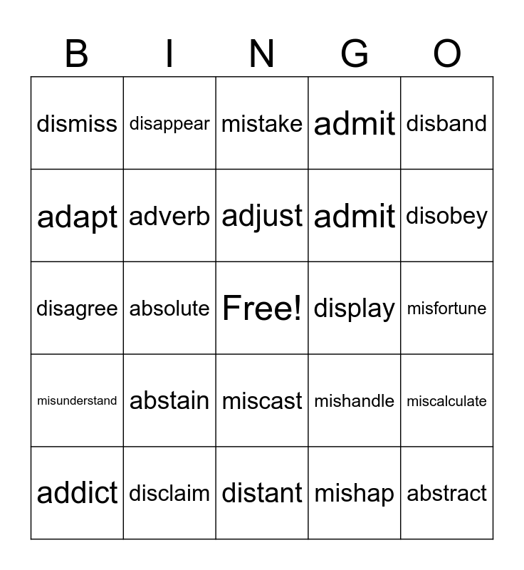 dis-, mis, ab-, ad- Prefix words Bingo Card