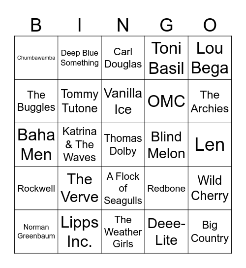 One Hit Wonder Artists Bingo Card