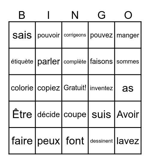Les Verbes au Présent BINGO Card