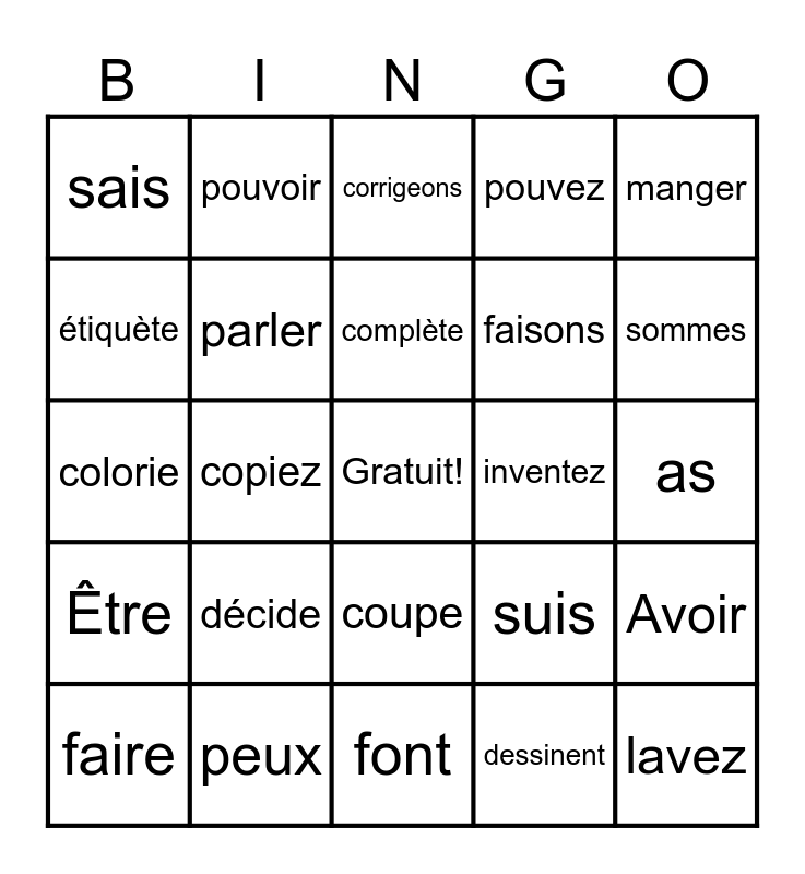 Les Verbes au Présent BINGO Card