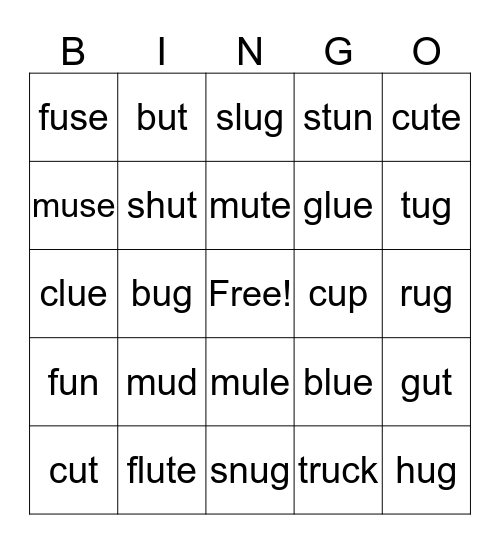 short u vs. long u bingo Card