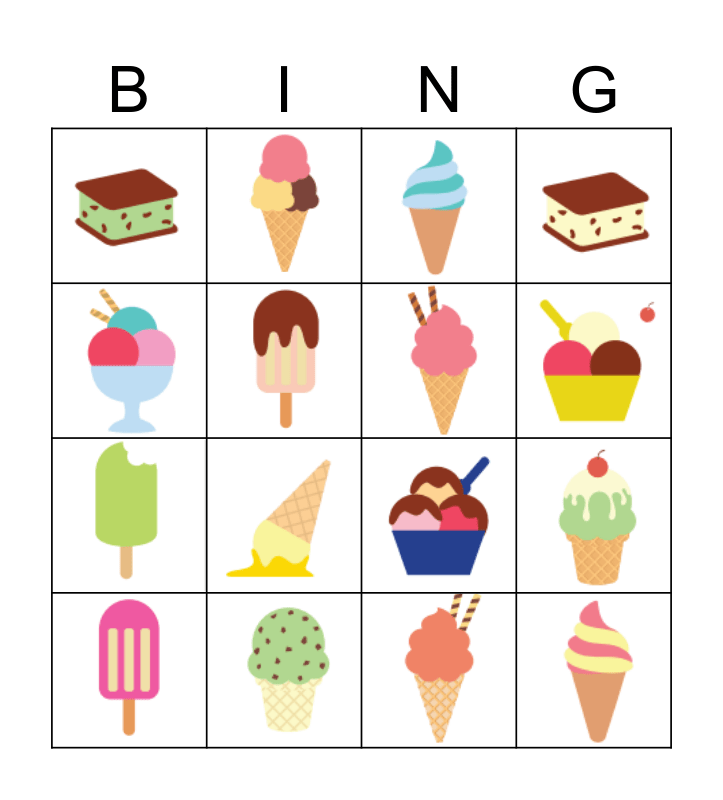 ICE CREAM BINGO` Bingo Card