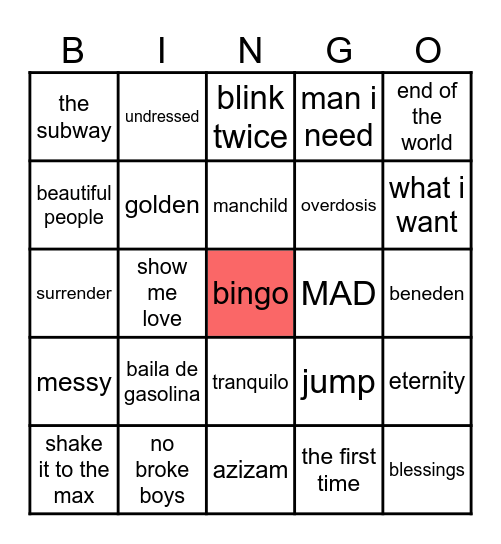 Top 40 hits Bingo Card