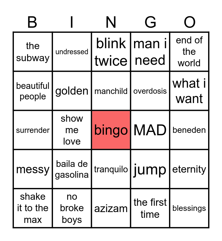 Top 40 hits Bingo Card
