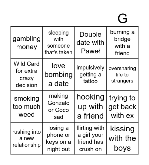 Lucas - Bad Decisions Bingo Card