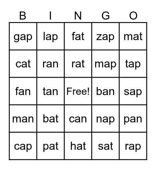 Short Vowel A CVC Bingo Card