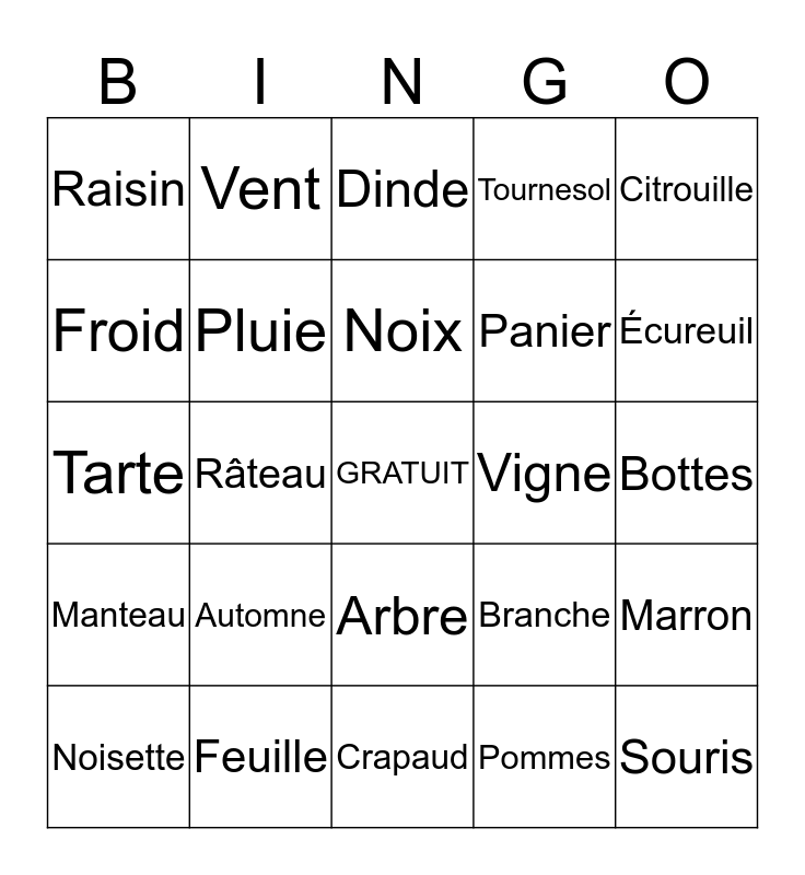 Mots d'automne Bingo Card