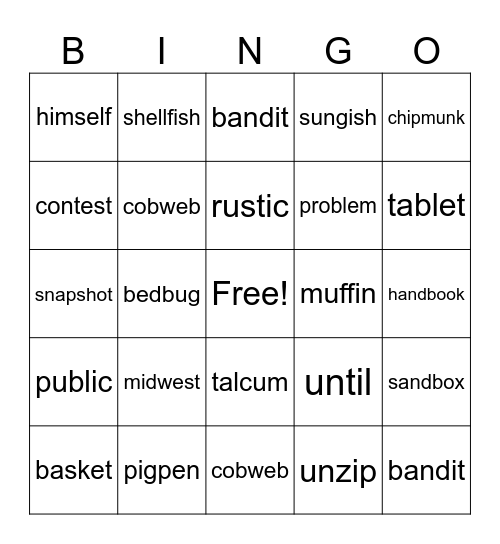 Two Syllable Words Bingo Card
