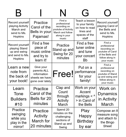 Advanced Band Bingo Card