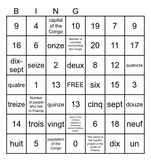 Numbers 0-20 Bingo Card