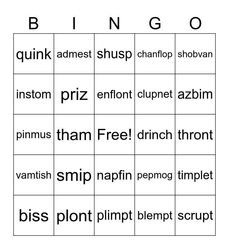 Closed Syllable Type (Nonsense) Bingo Card