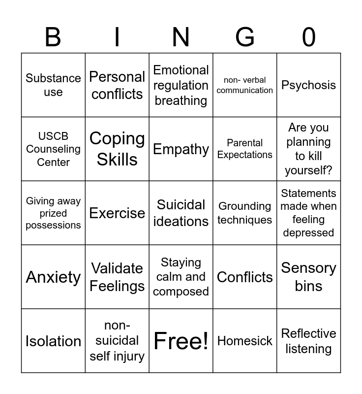 Emotional Regulation and Skills Bingo Card
