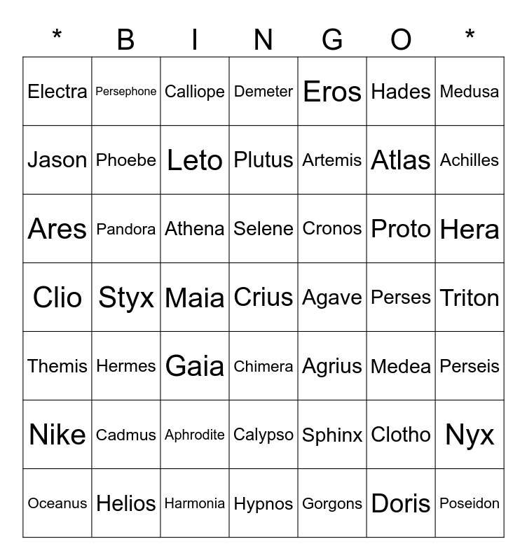 Greek Mythology Bingo Card