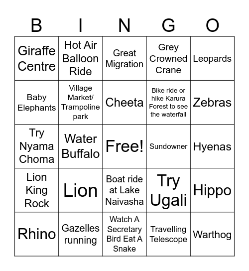 Billington's African Safari Bingo Card