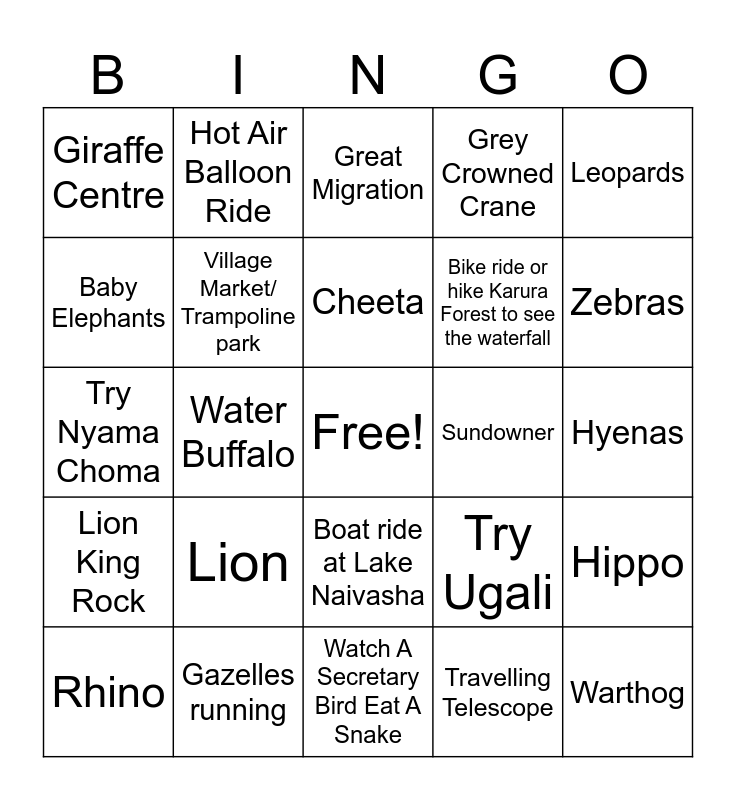 Billington's African Safari Bingo Card