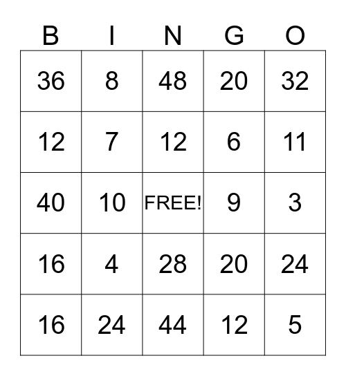 Double Double/ Half Half Bingo Card