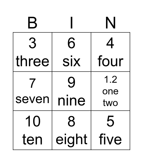 Number Bingo 1-10 Bingo Card