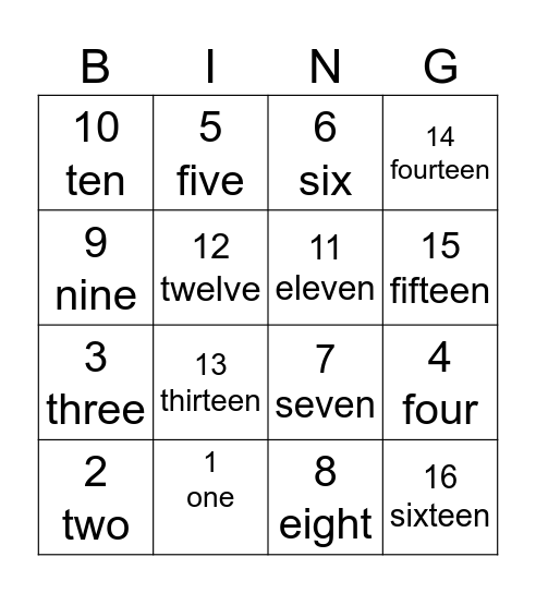 Number Bingo 1-16 Bingo Card