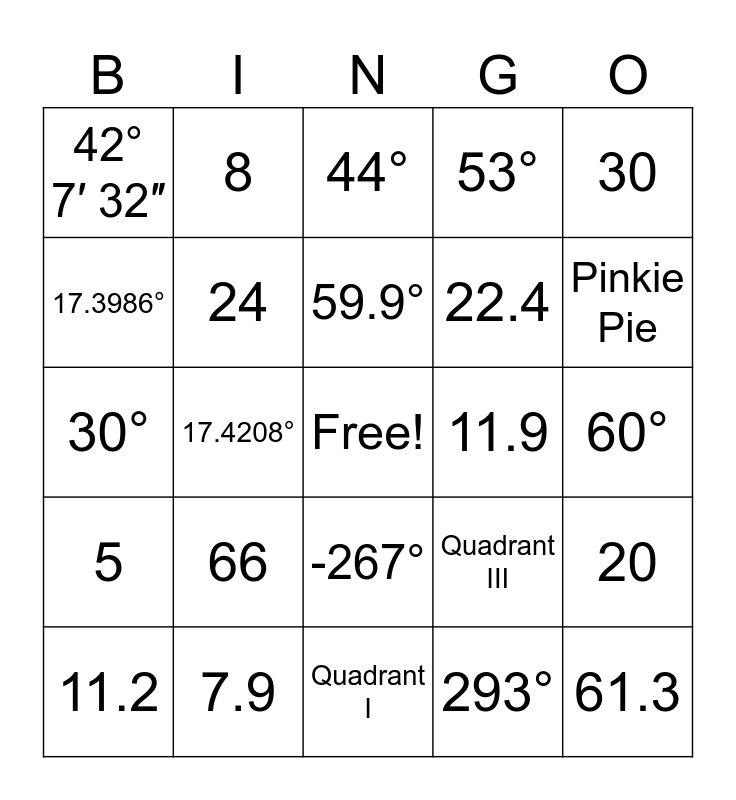 Unit 1 Trigonometry CC Bingo Card